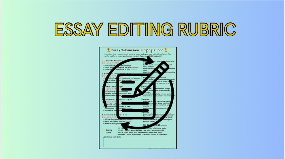 Essay Scoring Rubric Printable PDF (for college & scholarships ...